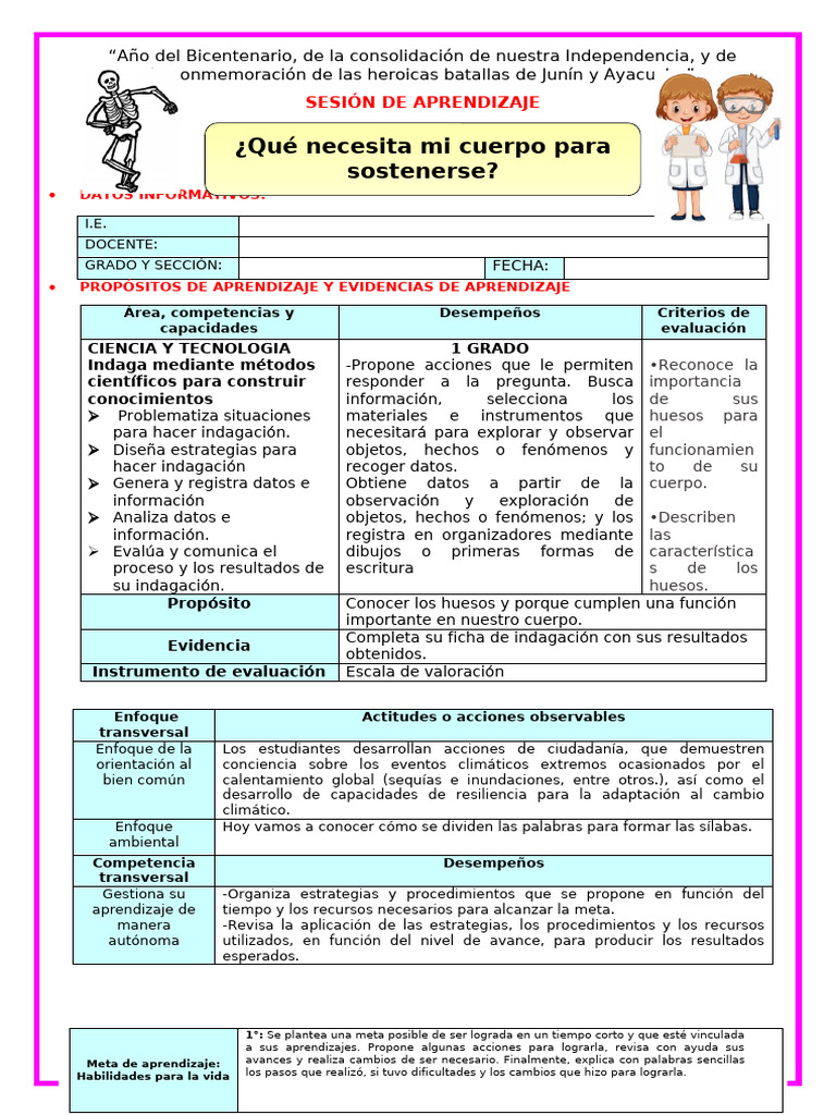 1º U3 s1 Sesion d3 CT Que Necesita Mi Cuerpo para Sostenerse Maestras de Primaria Del Peru | PDF ...