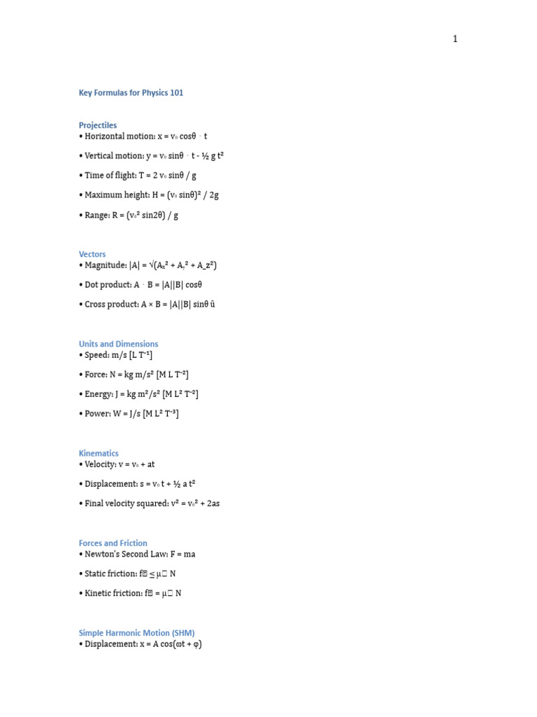Physics 101 Kinematics Formulas | PDF