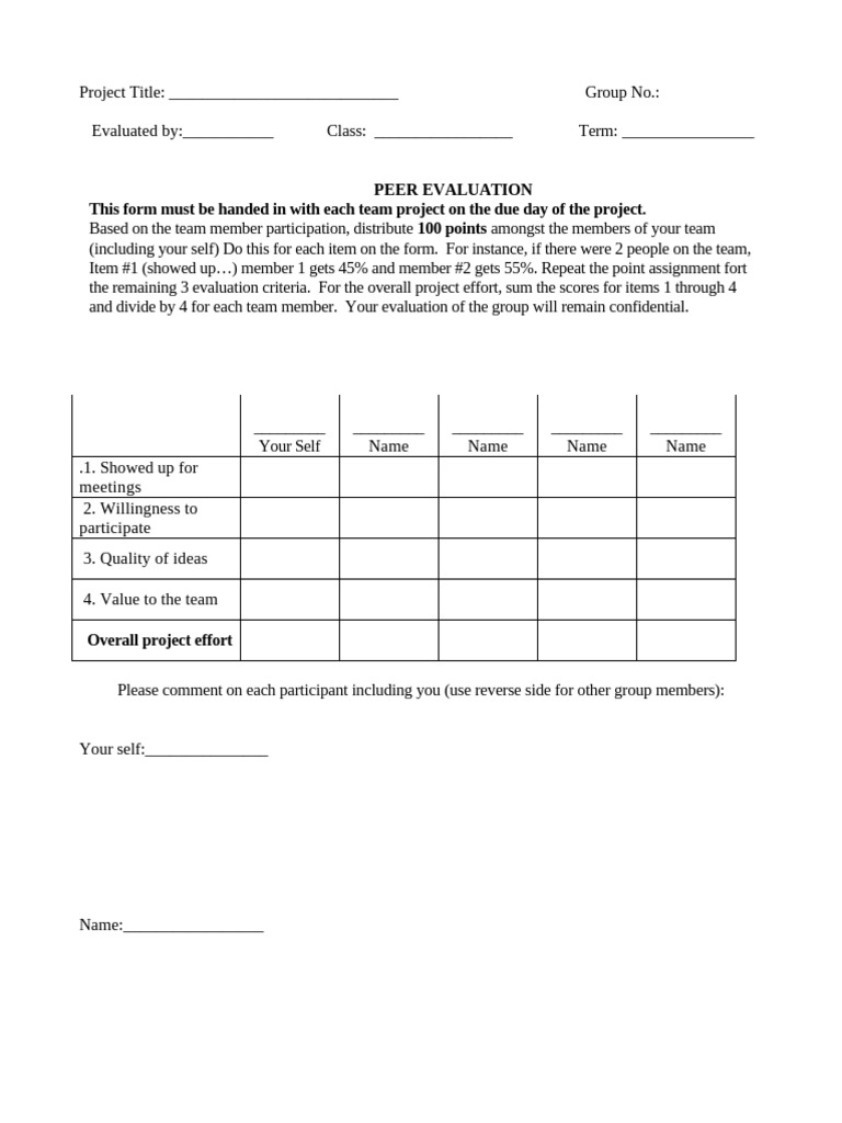 Peer Evaluation Form for Team Projects | PDF