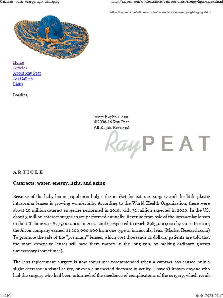 DR Ray Peat - Cataracts - Water, Energy, Light, and Aging. | PDF ...