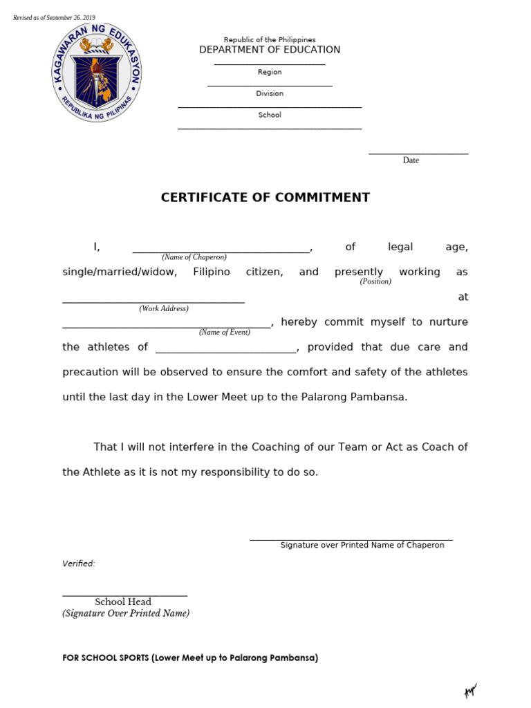Certificate of Commitment for Sports Chaperon | PDF | Philippines