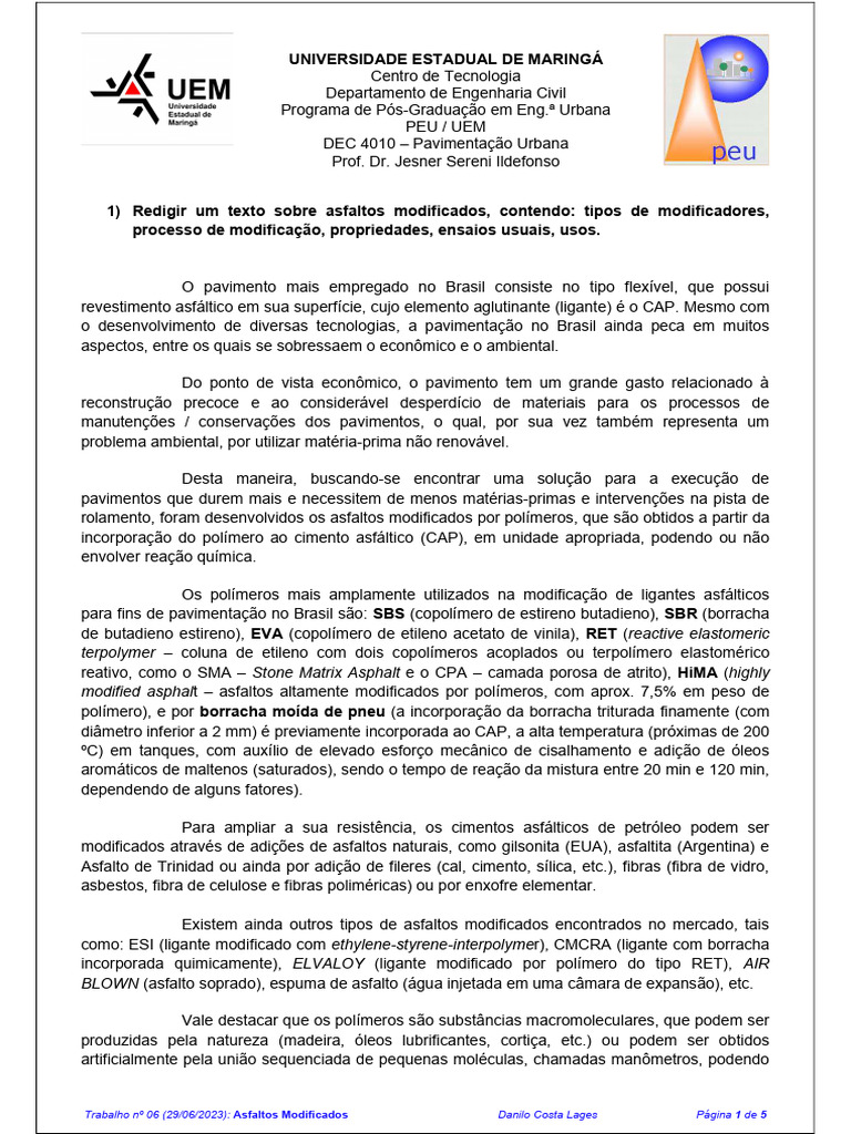 Trabalho 06 - Asfaltos Modificados (Modificadores, Processos, Propriedades, Ensaios, Usos) - 29 ...
