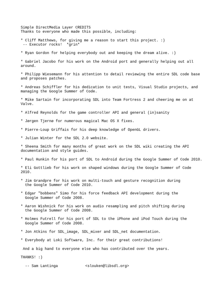 SDL Project Acknowledgments and Credits | PDF