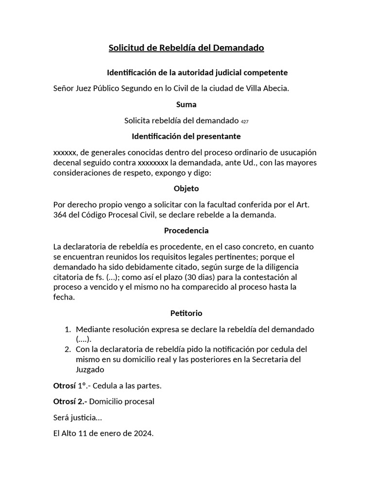 Solicitud de Rebeldía en Proceso Civil | PDF