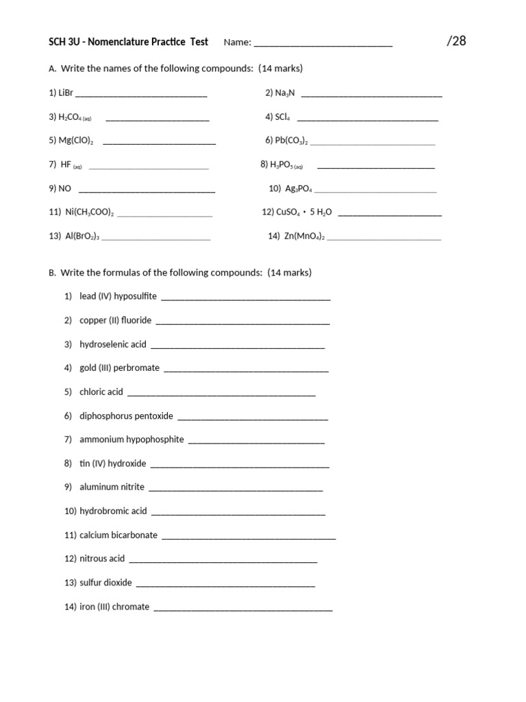 Nomenclature Practice Test for Chemistry | PDF