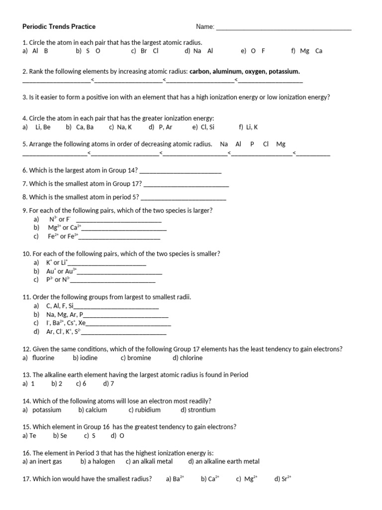 WORKSHEET Periodic-Trends-Practice | PDF | Aluminium | Sodium
