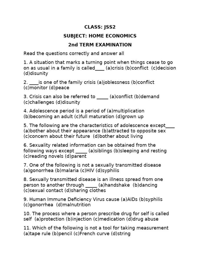 JSS2 Home Economics 2nd Term Exam Guide | PDF | Menstruation | Medical ...