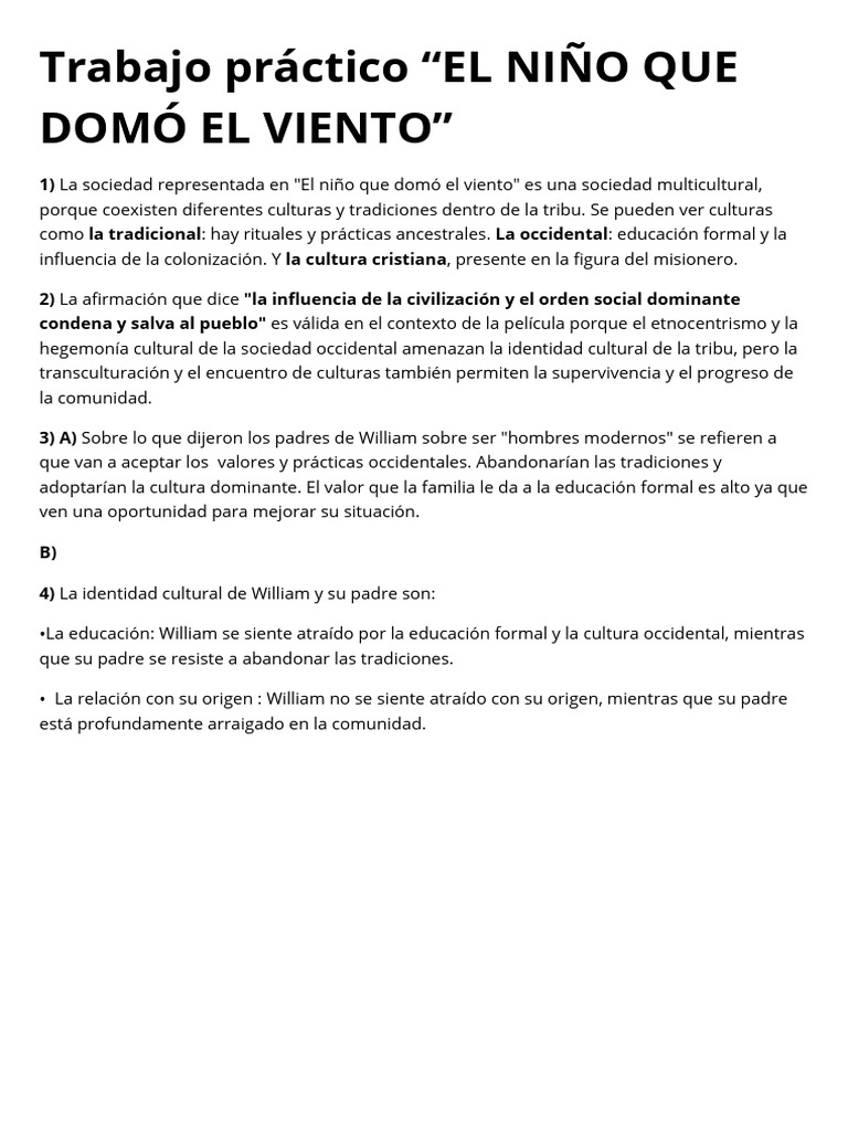 Trabajo Práctico "EL NIÑO QUE DOMÓ EL VIENTO" PDF | PDF