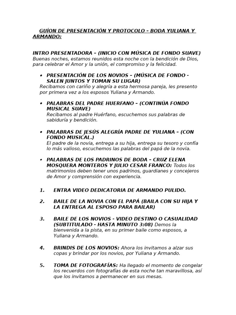 Guíon de Presentación y Protocolo Boda Yuliana y Armando | PDF