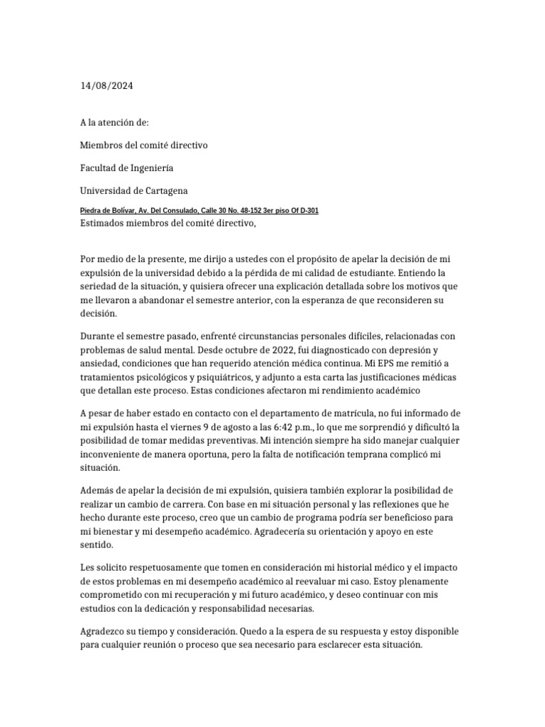 Carta Apelación Expulsión Pdf