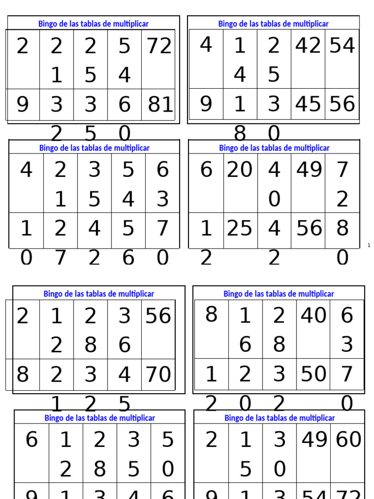 Bingo de Las Tablas de Multiplicar Cartones | PDF