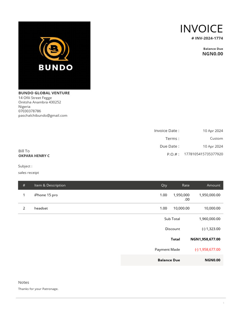 Invoice for iPhone 15 Pro Purchase | PDF