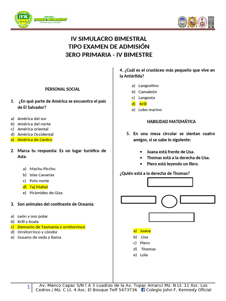SIMULACRO BIMESTRAL - 3ero PRIM - III BIM | PDF | Organismos | Zoología