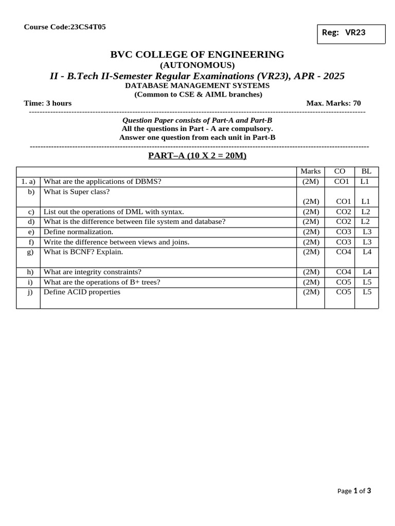DBMS Sample Paper For 2025 | PDF | Information Science | Information Technology Management
