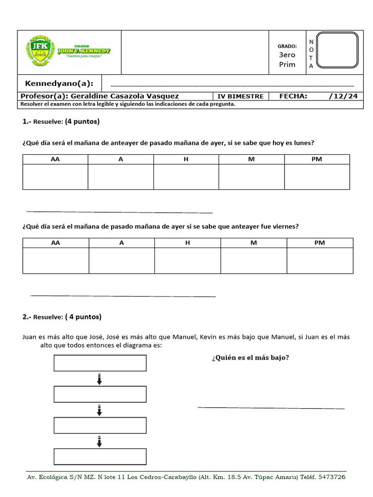 Examen Bimestral de Habilidad Matemática 3er Grado | PDF