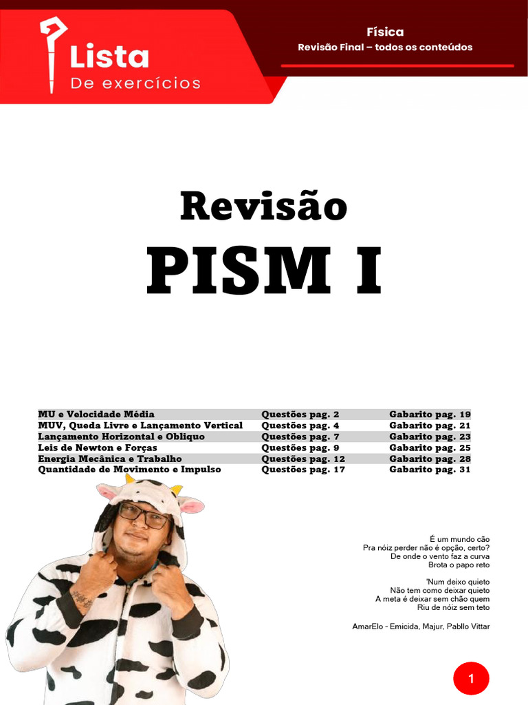 PISM 1 - Lista de Revisão | PDF | Massa | Leis do Movimento de Newton