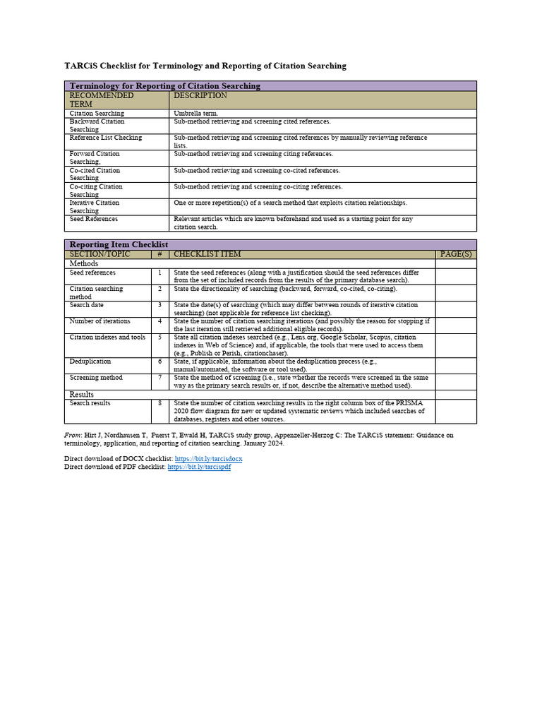TARCiS Checklist For Terminology and Reporting of Citation Searching ...