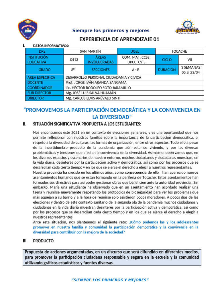 ARANDA EdA 01 - CICLO VII - DPCC - 3° | PDF | Aprendizaje | Democracia