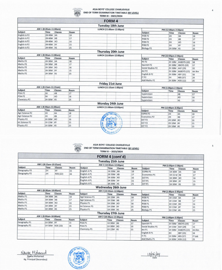 Form 4 Time Table TIII 2023 - 2024 | PDF