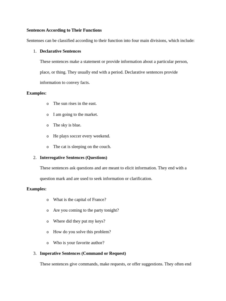 Sentences According To Their Functions | PDF | Sentence (Linguistics) | Grammar