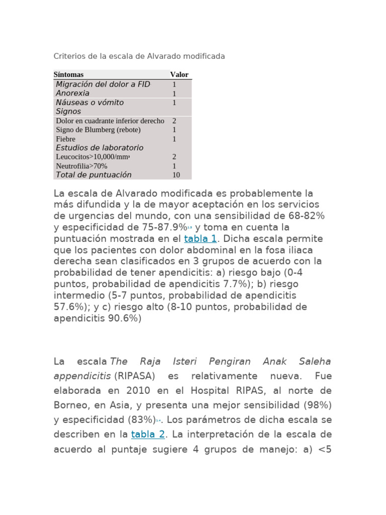 Criterios de la Escala Alvarado Modificada | PDF | Medicina ...