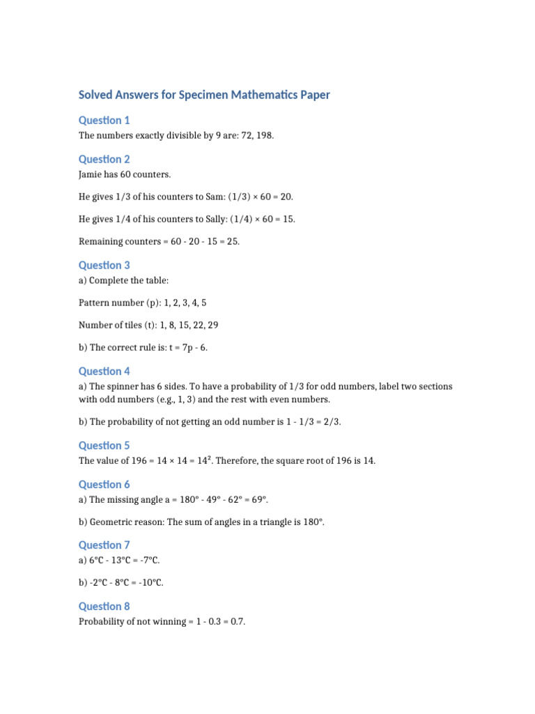 Solved Answers Specimen Math Paper | PDF
