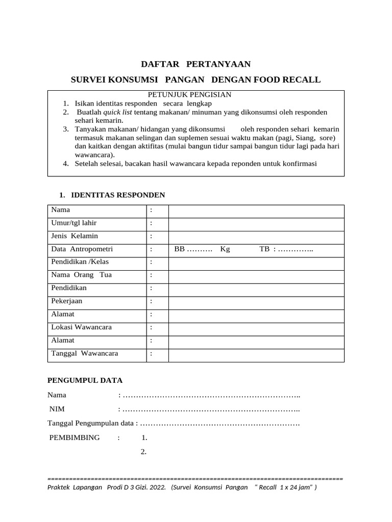 Form Food Recall Individu | PDF