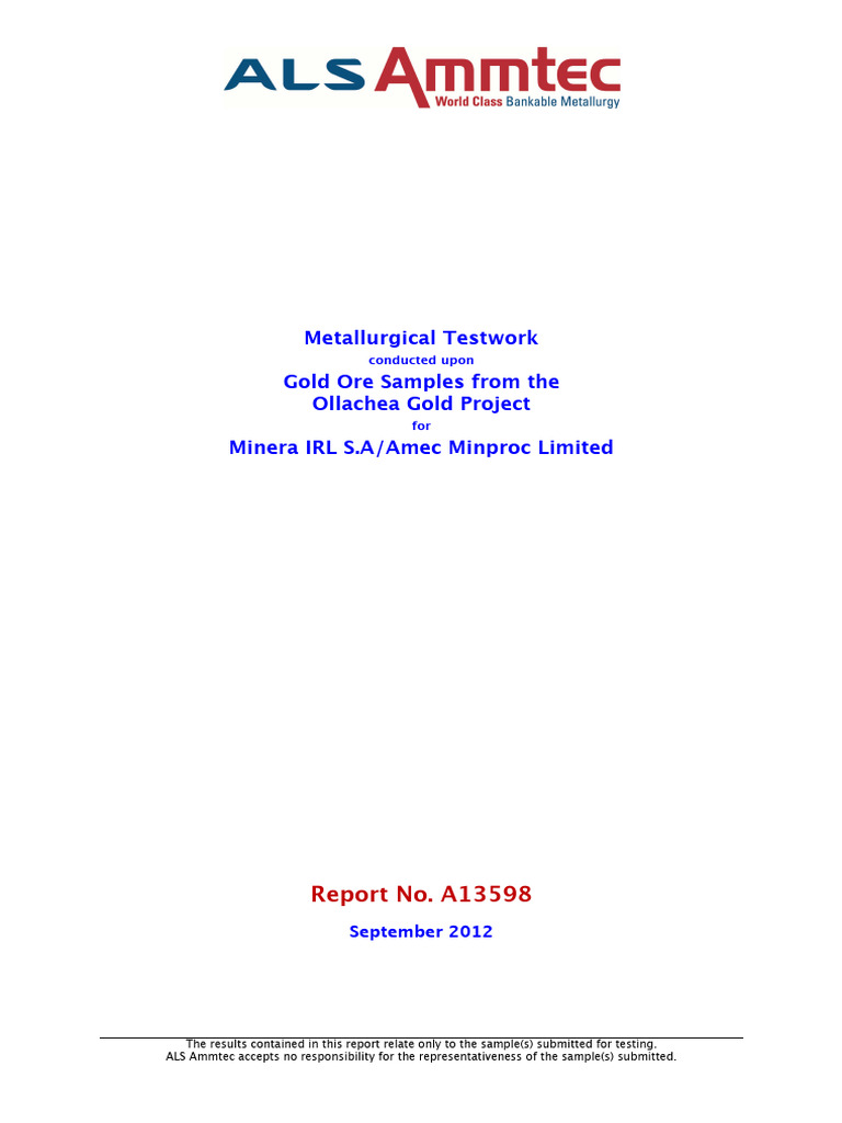 Metallurgical Testwork Report: Ollachea Gold | PDF | Physical Sciences ...
