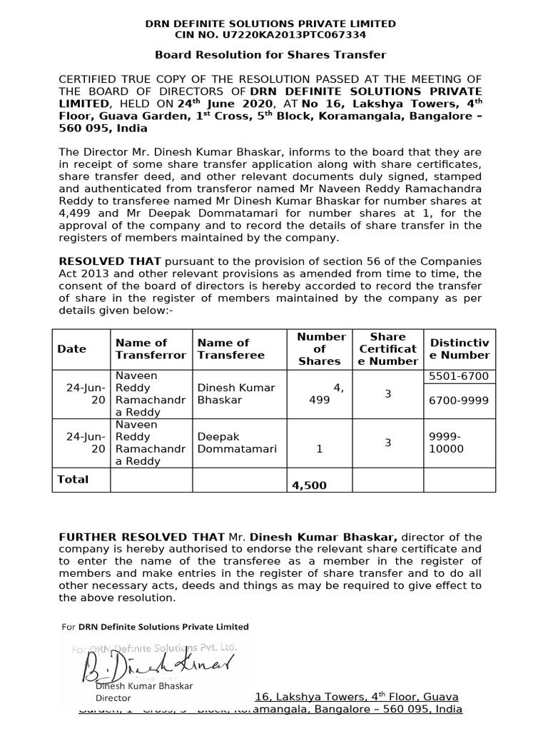 Board Resolution For Shares Transfer | PDF | Legal Documents | Government