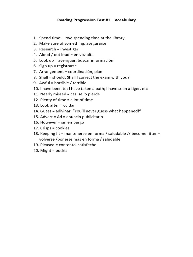Reading Progression Test 1 - Vocabulary | PDF