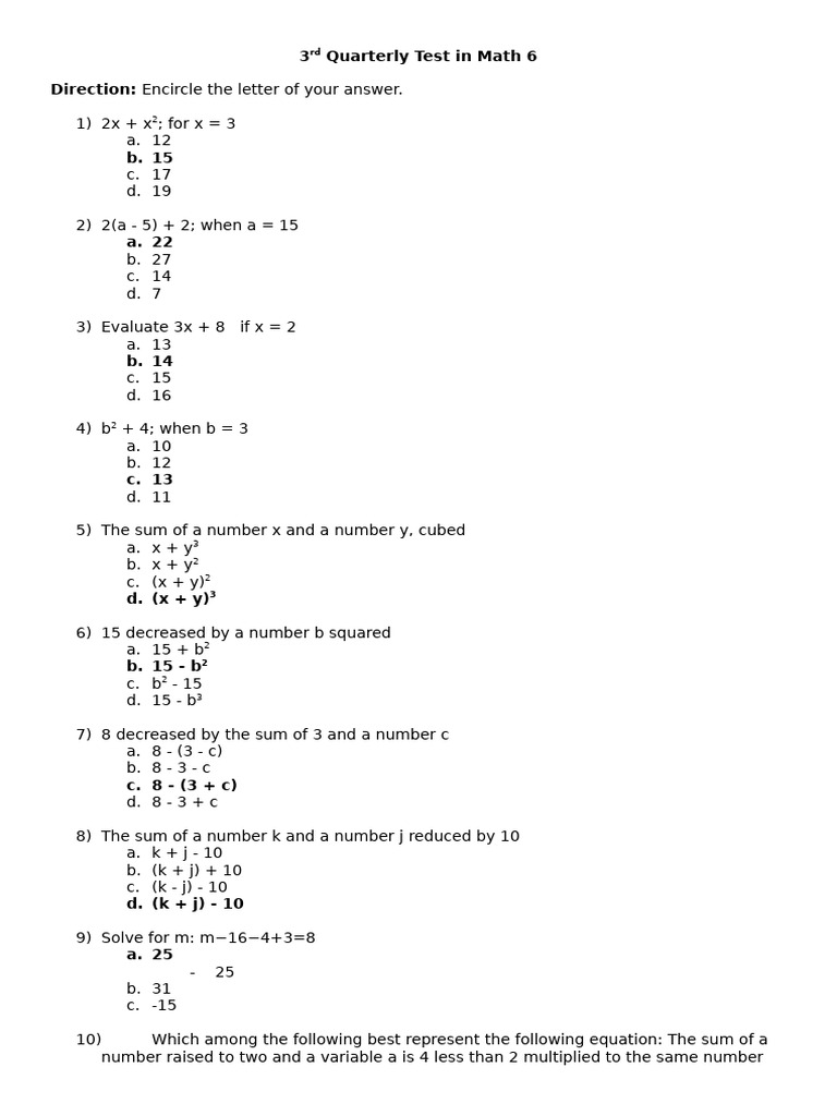 3rd Quarterly Test in Math 6 | PDF | Equations | Variable (Mathematics)