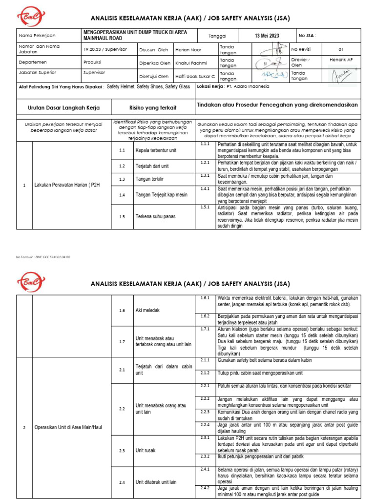 JSA-BMC-PRO-AI-05-R1 Pengoperasian Unit Dump Truck | PDF