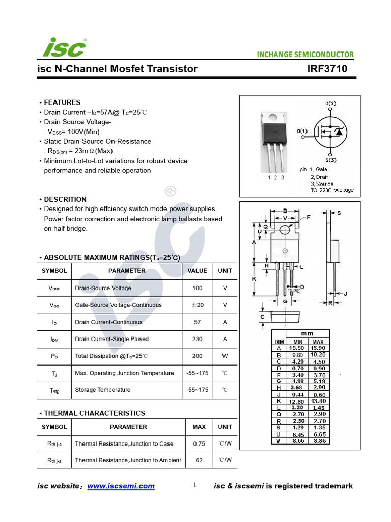 IRF3710-InchangeSemiconductor | PDF | Field Effect Transistor | Mosfet