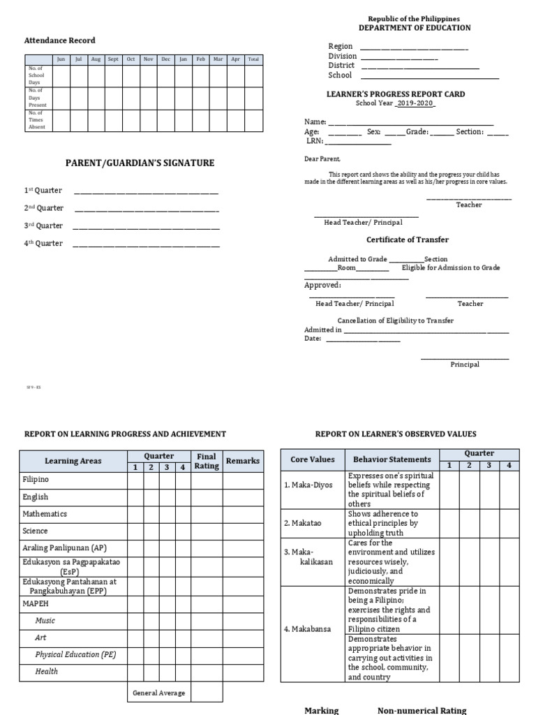 SF9 Learners Progress Report Card Template for ES | PDF | Learning