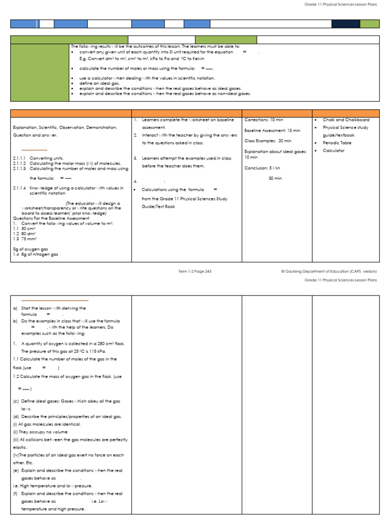 Ideal Gas Law Lesson Plan for Grade 11 | PDF | Gases | Mole (Unit)