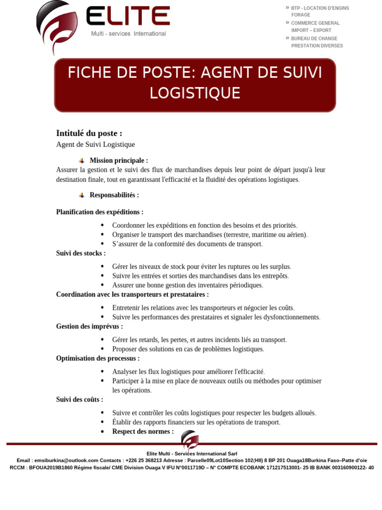 Agent de Suivi Logistique : Fiche Métier | PDF | Logistique | Transport