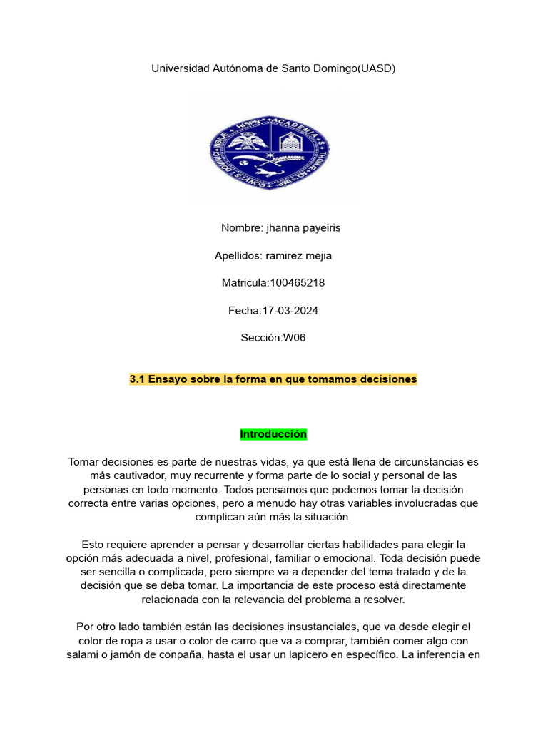 Tarea 3.1: Ensayo sobre la forma en que tomamos decisiones | PDF | Toma de decisiones ...