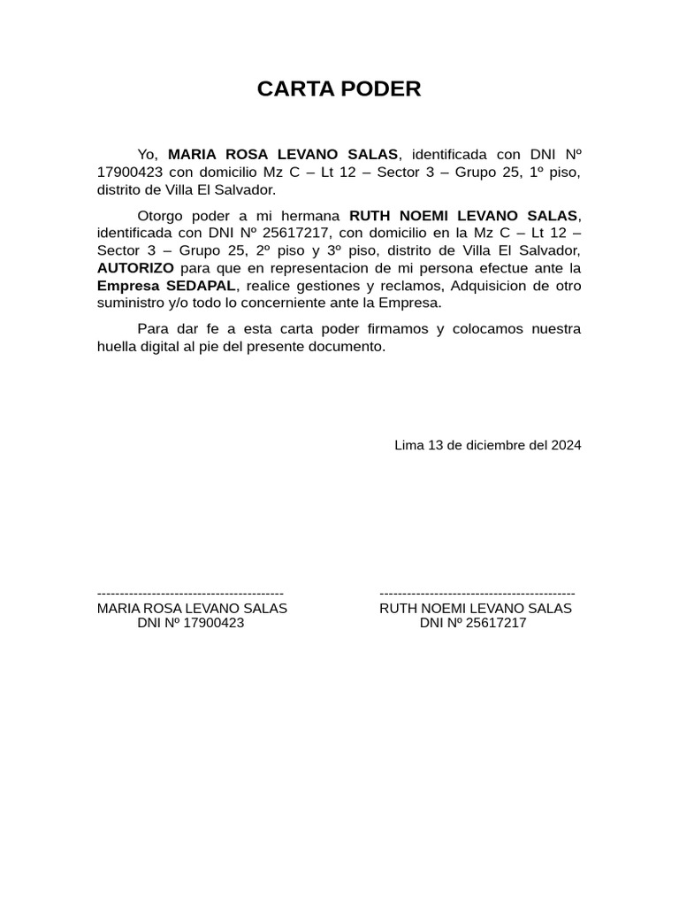Carta Poder para Gestiones ante SEDAPAL | PDF