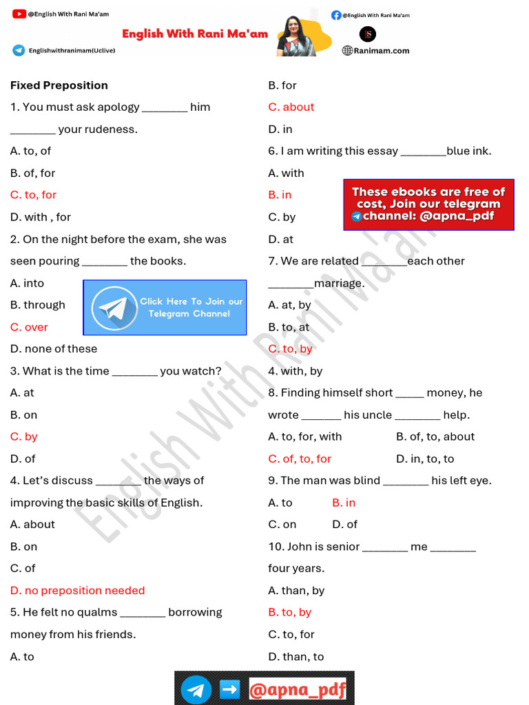 Rani Ma'am 1000 Fixed Preposition Youtube | PDF | Cost Of Living