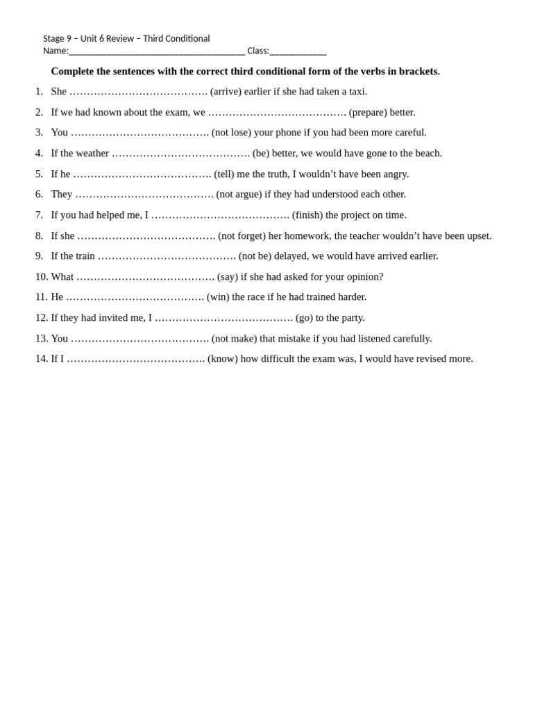 Stage 9-Unit 6 Review-Third Conditional | PDF