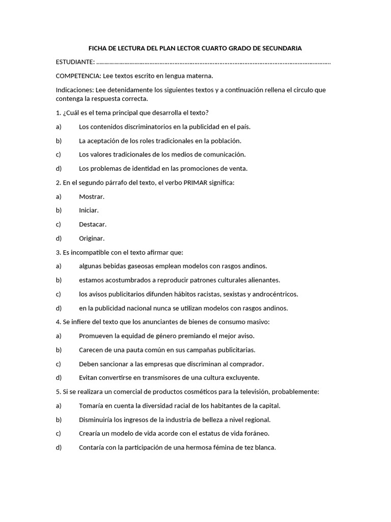Ficha de Lectura: Plan Lector 4° Secundaria | PDF