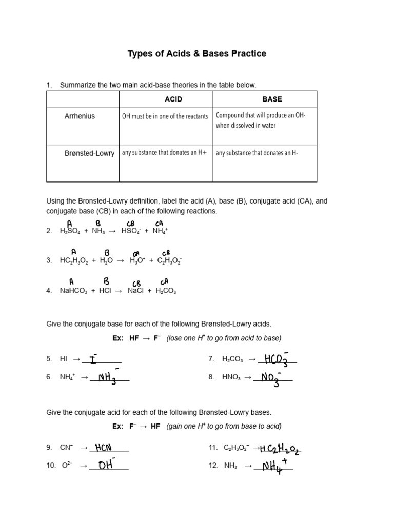 Types of Acids & Bases Practice | PDF | Acid | Chemical Substances
