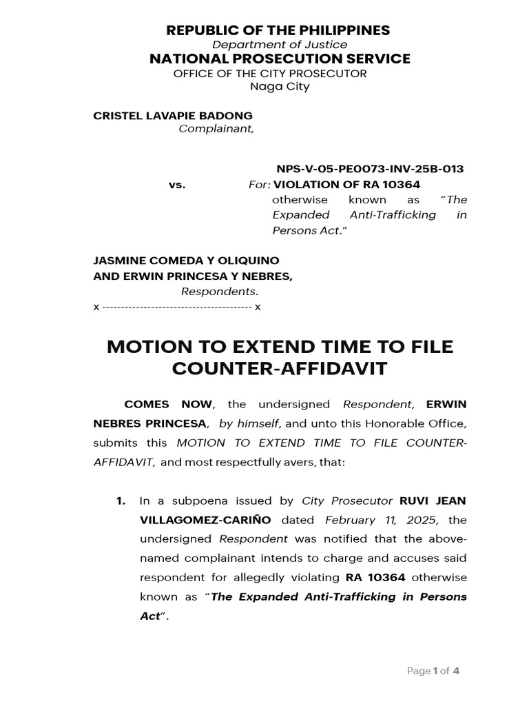 Motion to Extend Counter-Affidavit Deadline | PDF | Prosecutor | Criminal Law