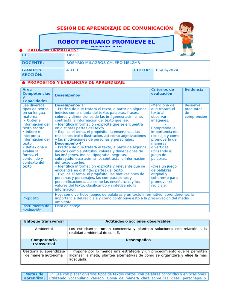 IV Ses Comu Lun 3 Robot Reciclaje Turisticos 933623393 Prof Yessenia ...