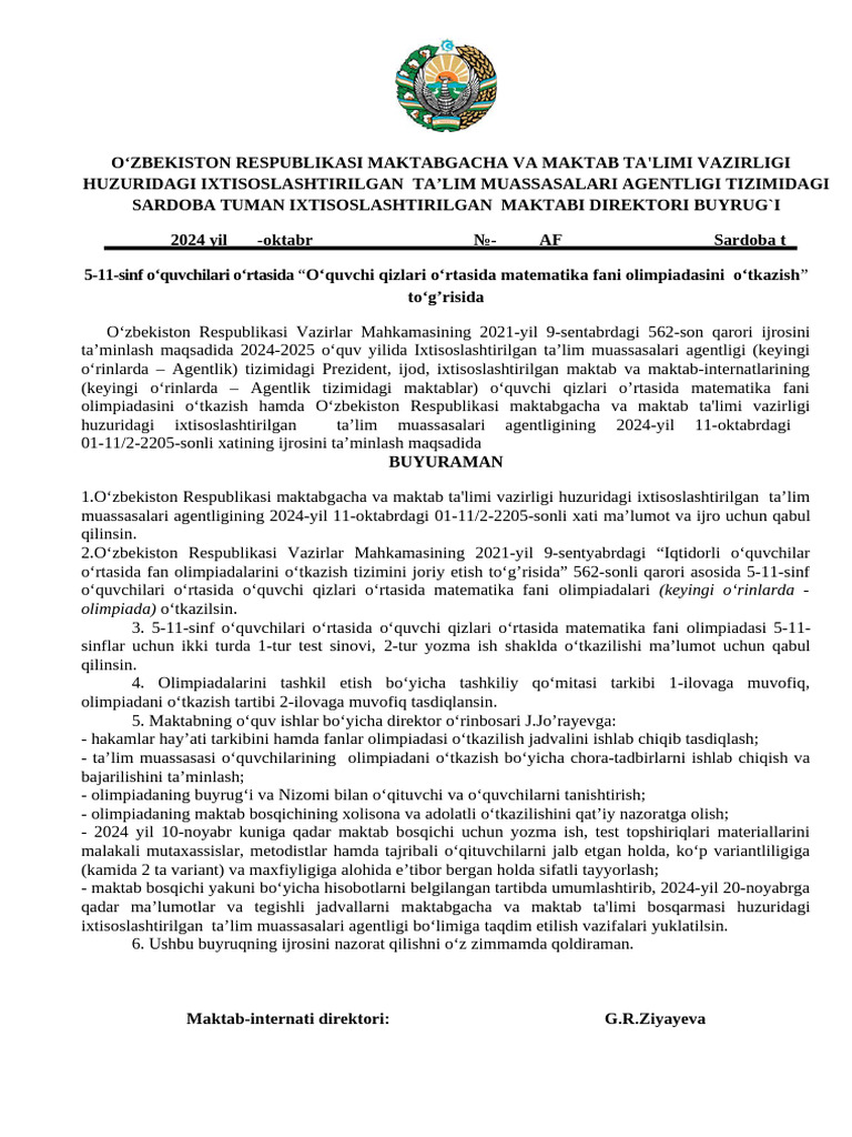 Qizlar Olimpiadasi Buyruq Pdf