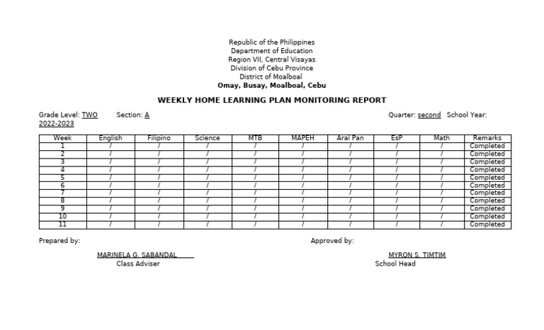 Weekly Home Learning Plan Monitoring Report | PDF | Government | Public ...