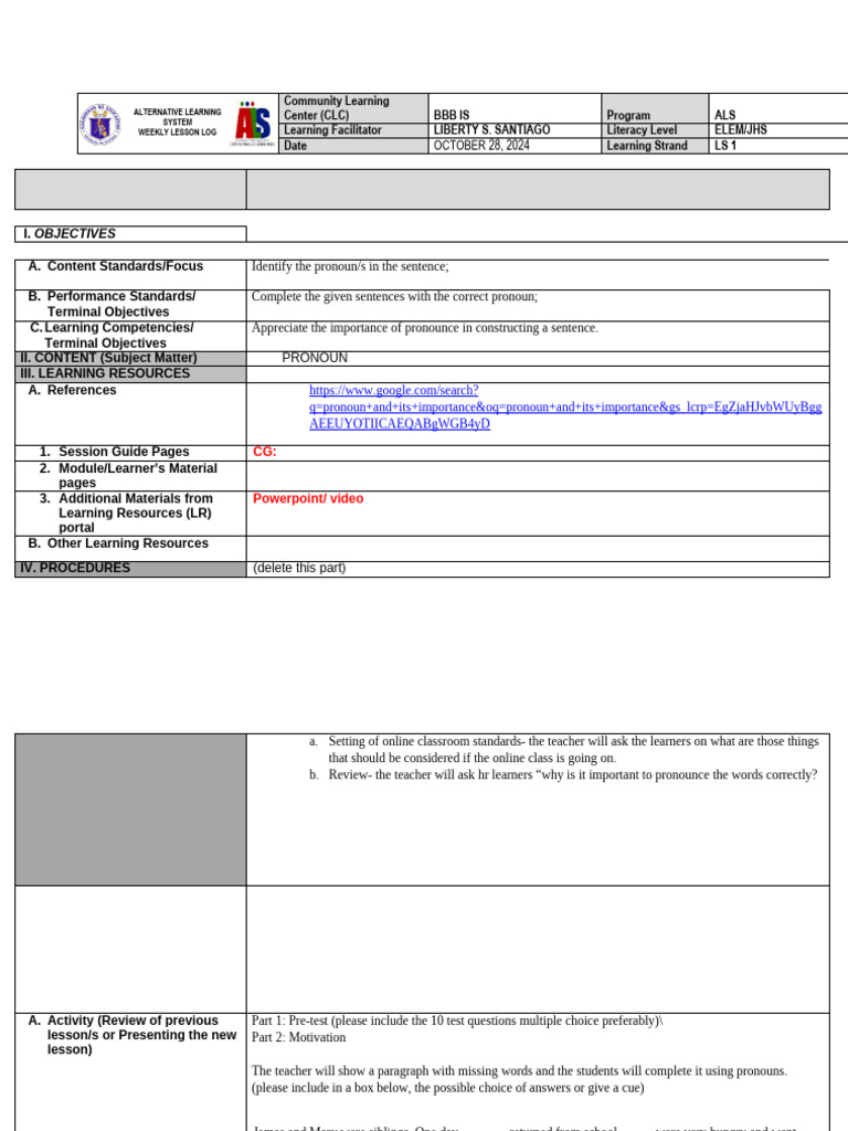 Weekly Lesson Log: Pronouns in ALS | PDF | Pronoun | Learning