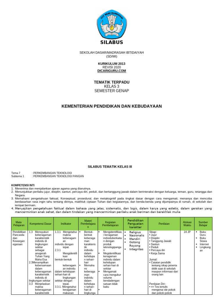 Silabus Tema 7 Kelas III Rev. | PDF