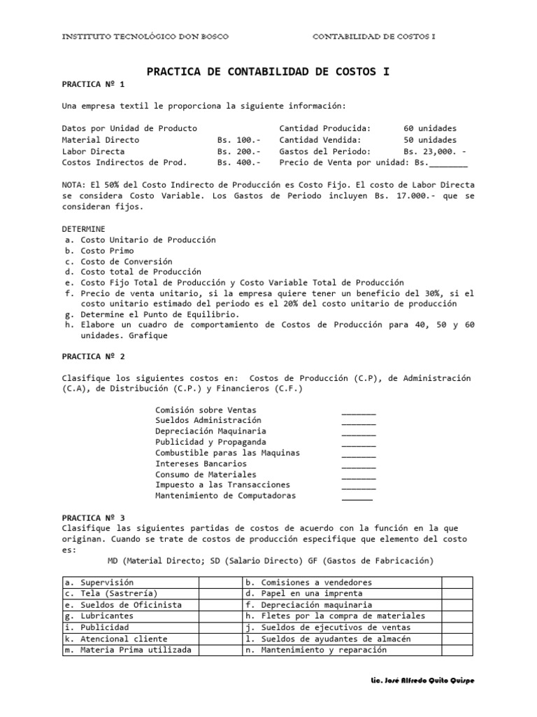PRACTICA AUXILIAR DE CONTABILIDAD DE COSTOS | PDF | Costo ...
