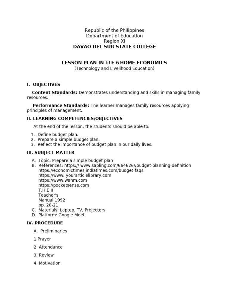 Home Economics Lesson Plan | PDF | Budget | Expense